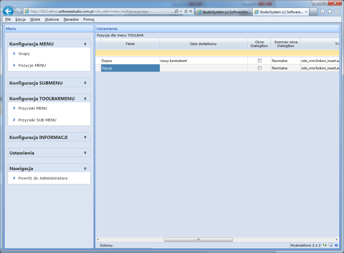 Pasek Menu nad tabelą - Program Magazynowy