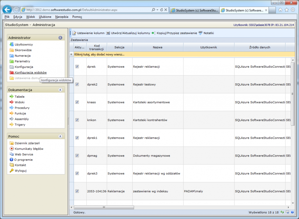 Pasek Menu nad tabelą - Program Magazynowy