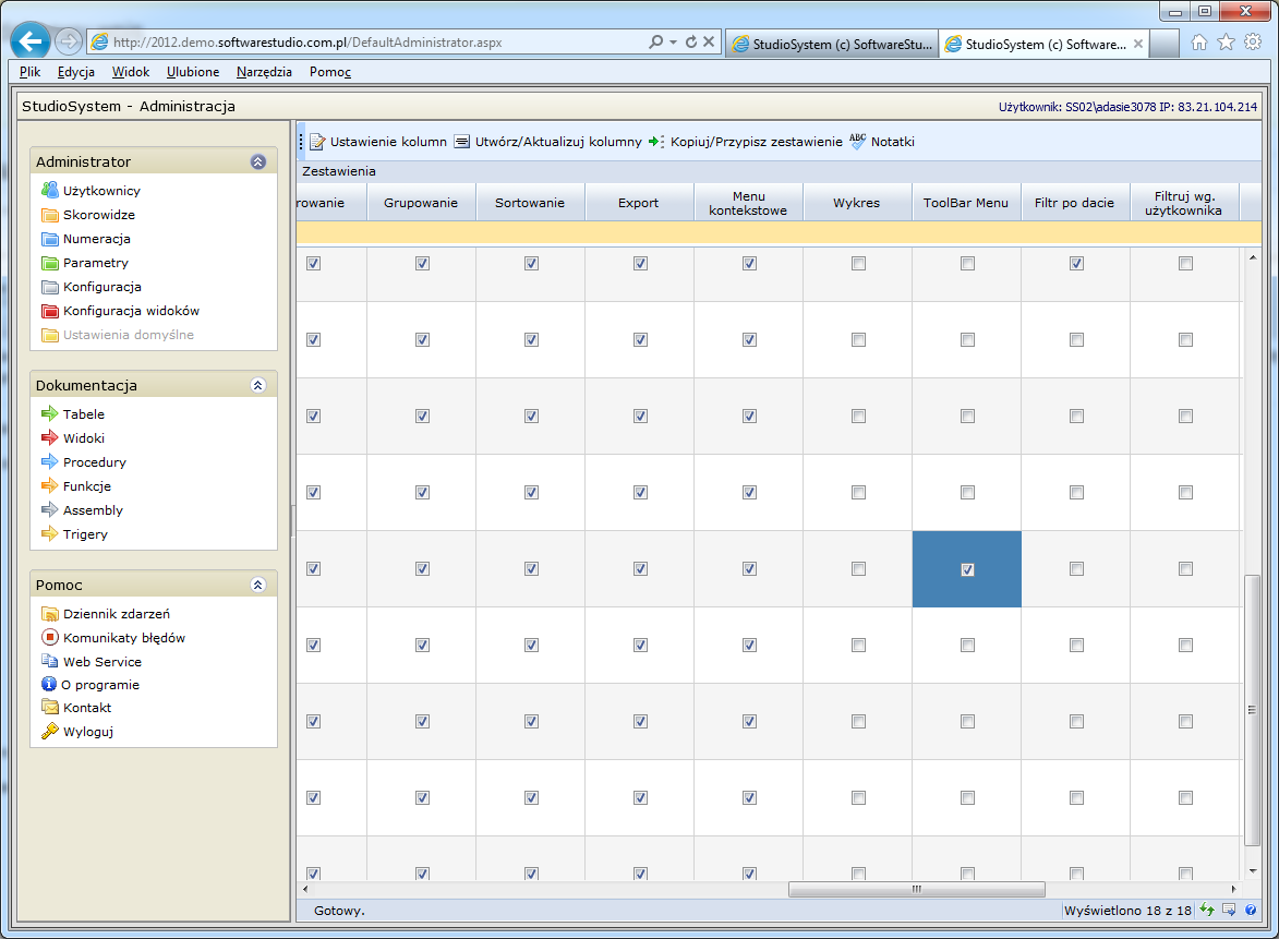 Pasek Menu nad tabelą - Program Magazynowy