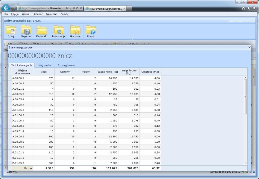 Stany magazynowe w m3 - Program Magazynowy